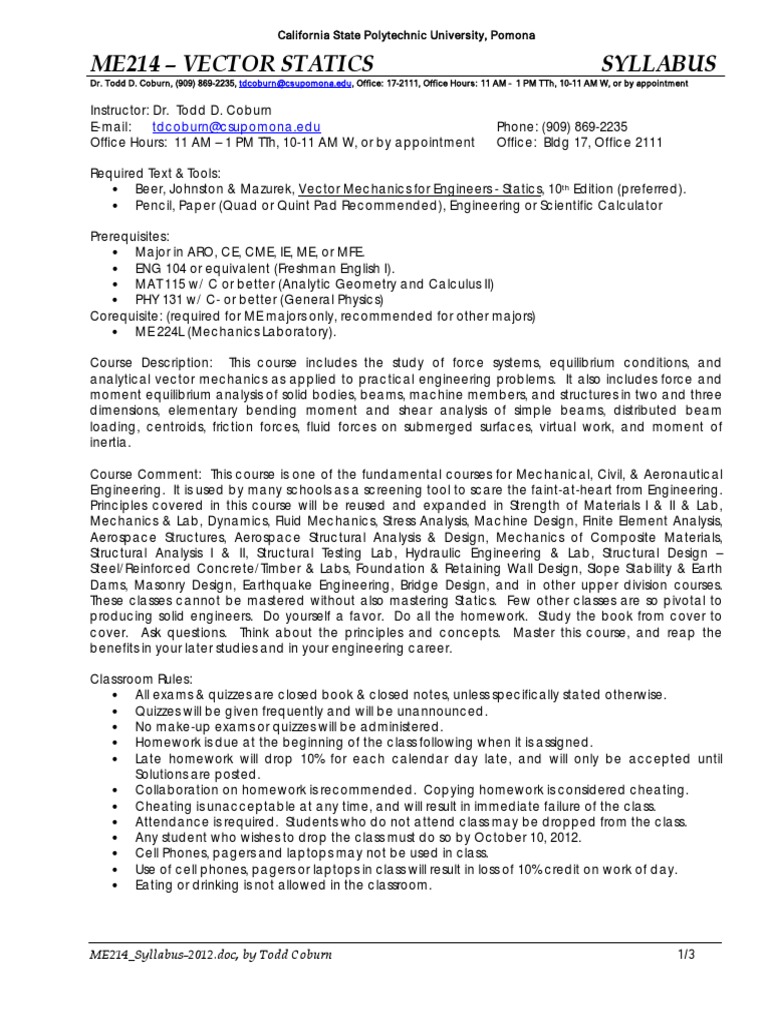 Me214 - Vector Statics Syllabus: Tdcoburn@csupomona - Edu | PDF | Structural Analysis | Force