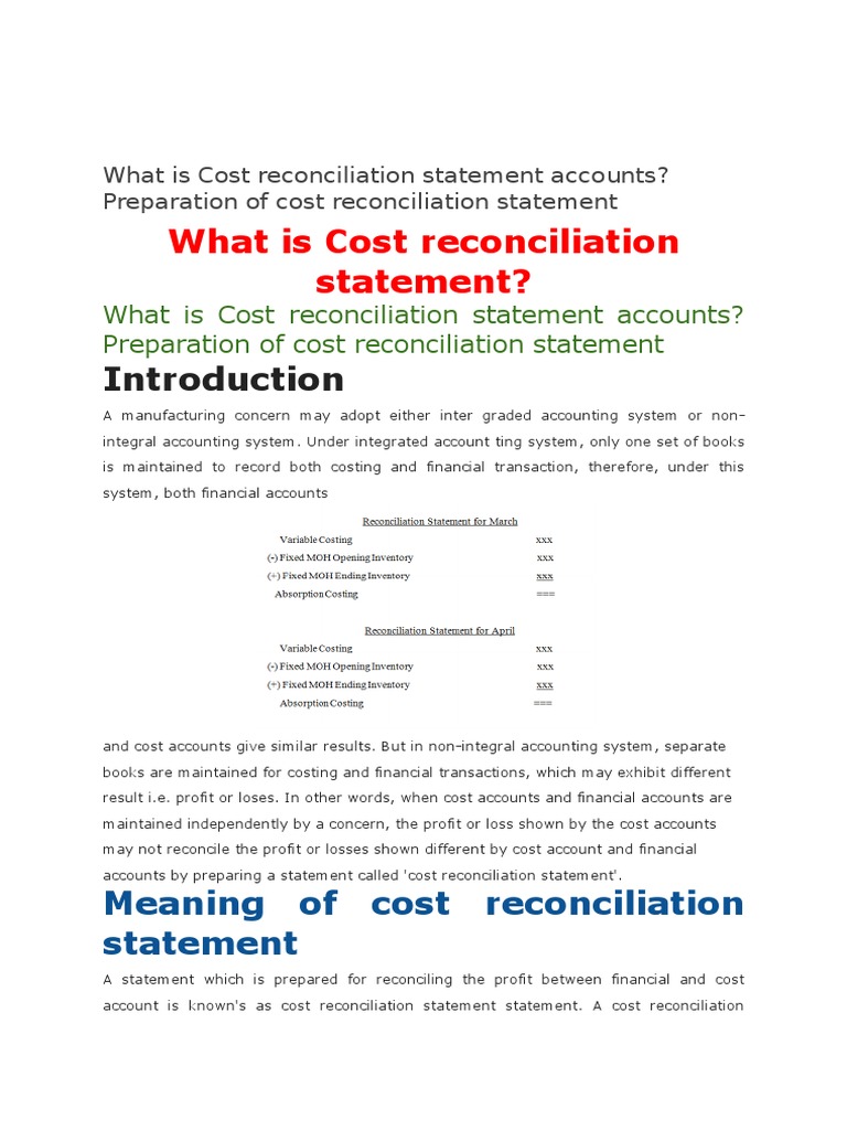 What Is Cost Reconciliation Statement? | PDF