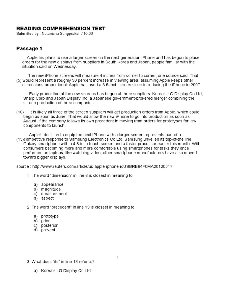 Reading Comprehension Test: Submitted By: Natanicha Sangprakai / 10:03 ...