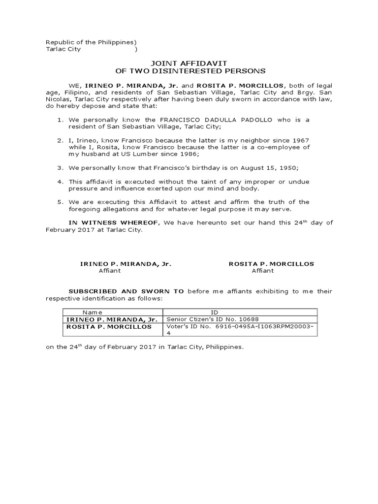 Affidavit of Two Disinterested Persons | Affidavit | Document