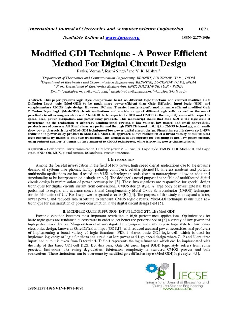 Modified GDI Technique - A Power Efficient Method For Digital Circuit Design | PDF | Cmos ...