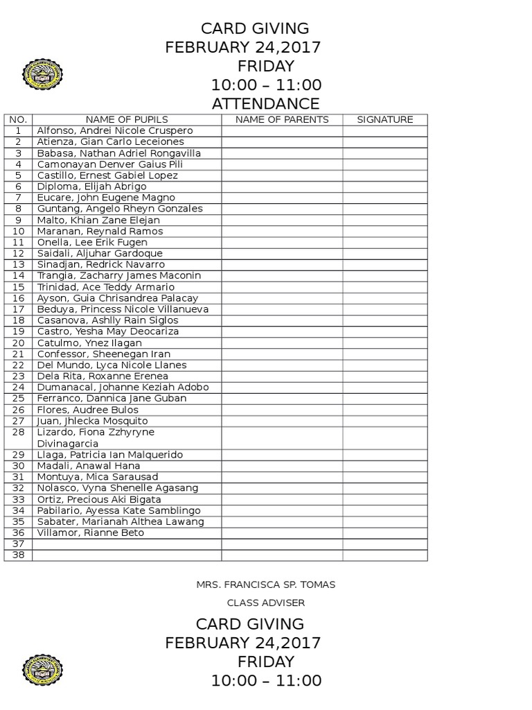 Card Giving Attendance - Feb 24, 2017 | PDF