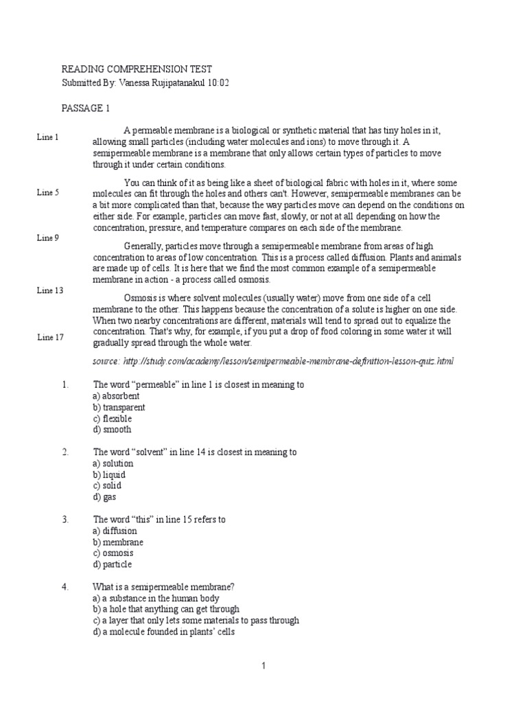 Reading Comprehension Test | PDF | Osmosis | Cell Membrane