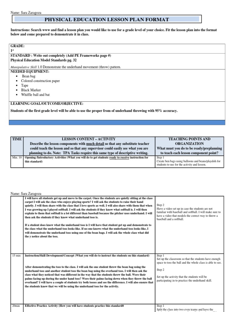 Physical Education Lesson Plan Format: Manipulative Skill 1.0 ...