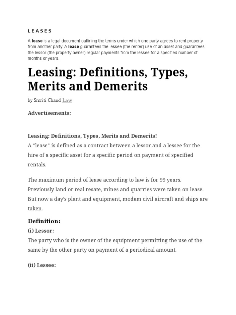 Leasing: Definitions, Types, Merits and Demerits: Advertisements ...