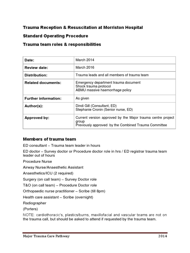 Trauma Team Roles1 | PDF | Major Trauma | Emergency Department