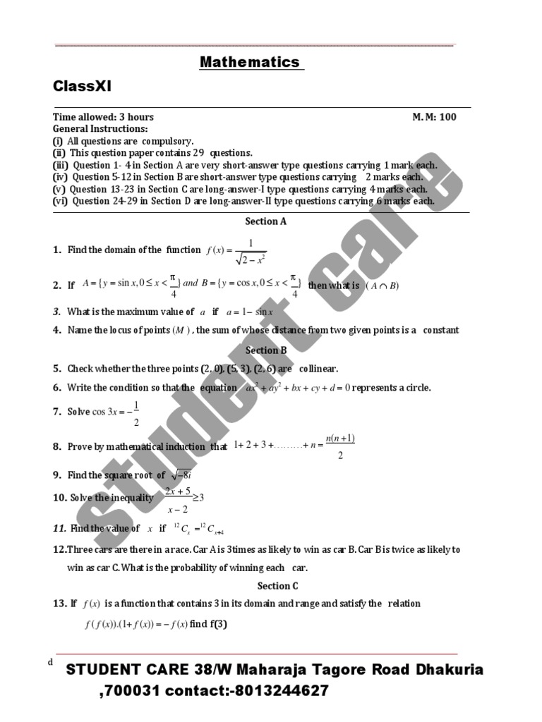 2017 11 Sample Paper Mathematics 03 Qp 1 2 Pdf Sine Function Mathematics