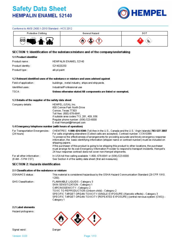 Hempalin Enamel 5214020250 En-Us | PDF | Fires | Toxicity