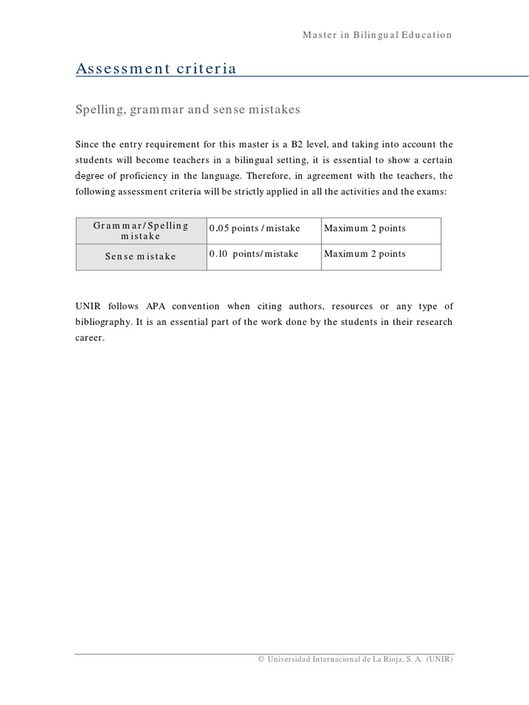 Assessment Criteria: Spelling, Grammar and Sense Mistakes | PDF