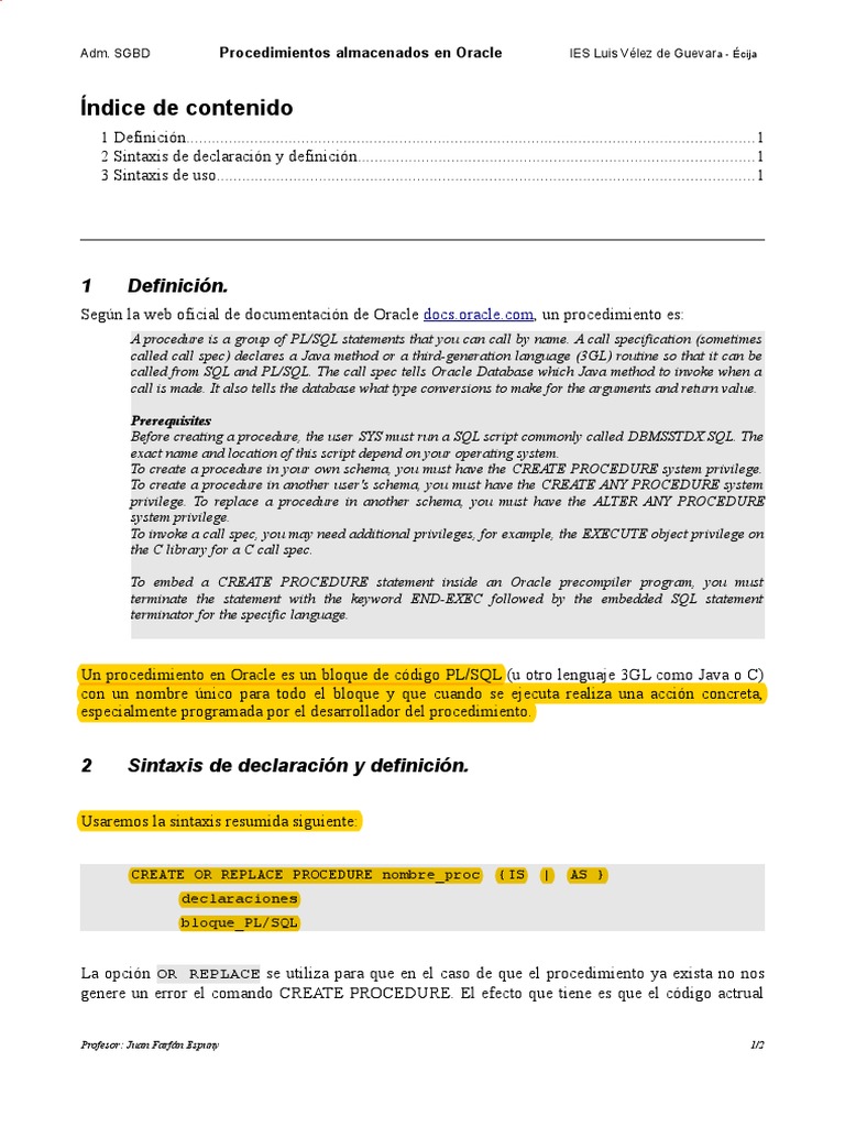 Procedimientos Almacenados en Oracle | PDF | Pl/Sql | Sql