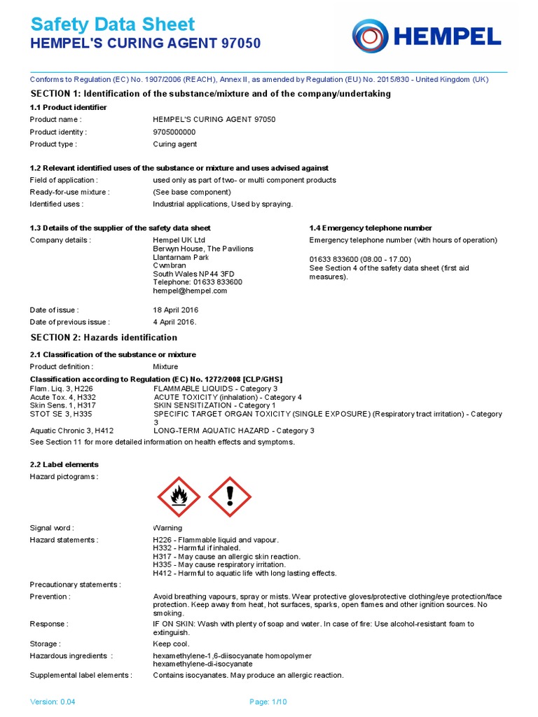 Hempel's Curing Agent 9705000000 En-Gb | PDF | Toxicity | Personal ...