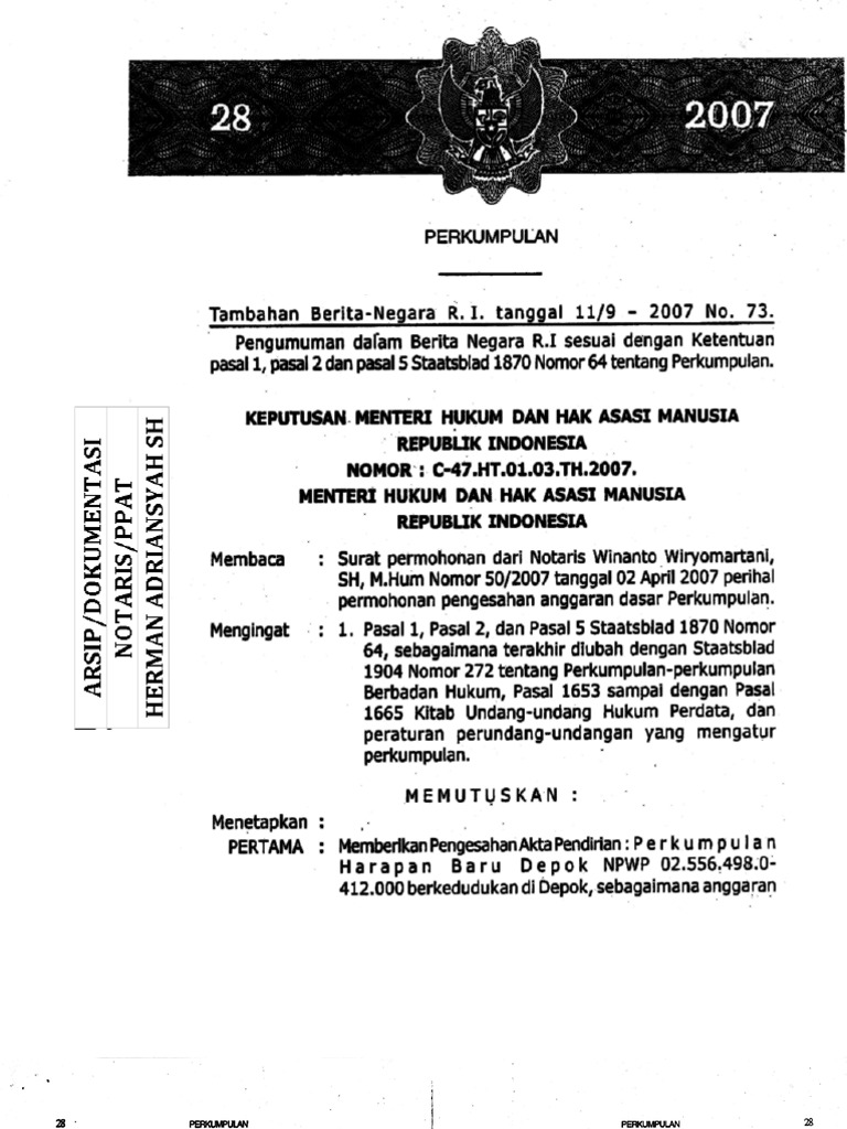 Contoh Ad Perkumpulan Disahkan Kemenkumham RI | PDF