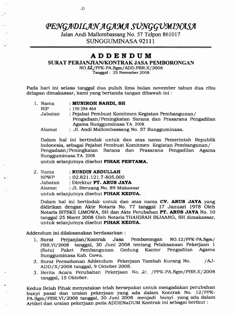 Addendum SPK Jasa Pemborongan PDF | PDF