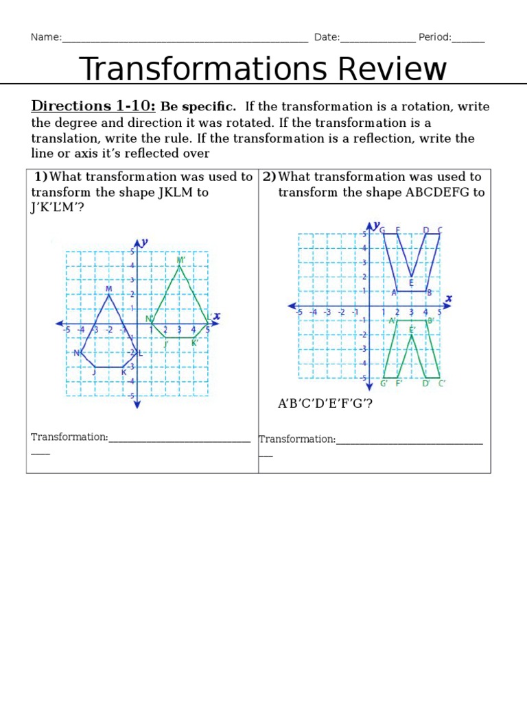 Transformations Review Sheet | PDF | Shape | Cartesian Coordinate System