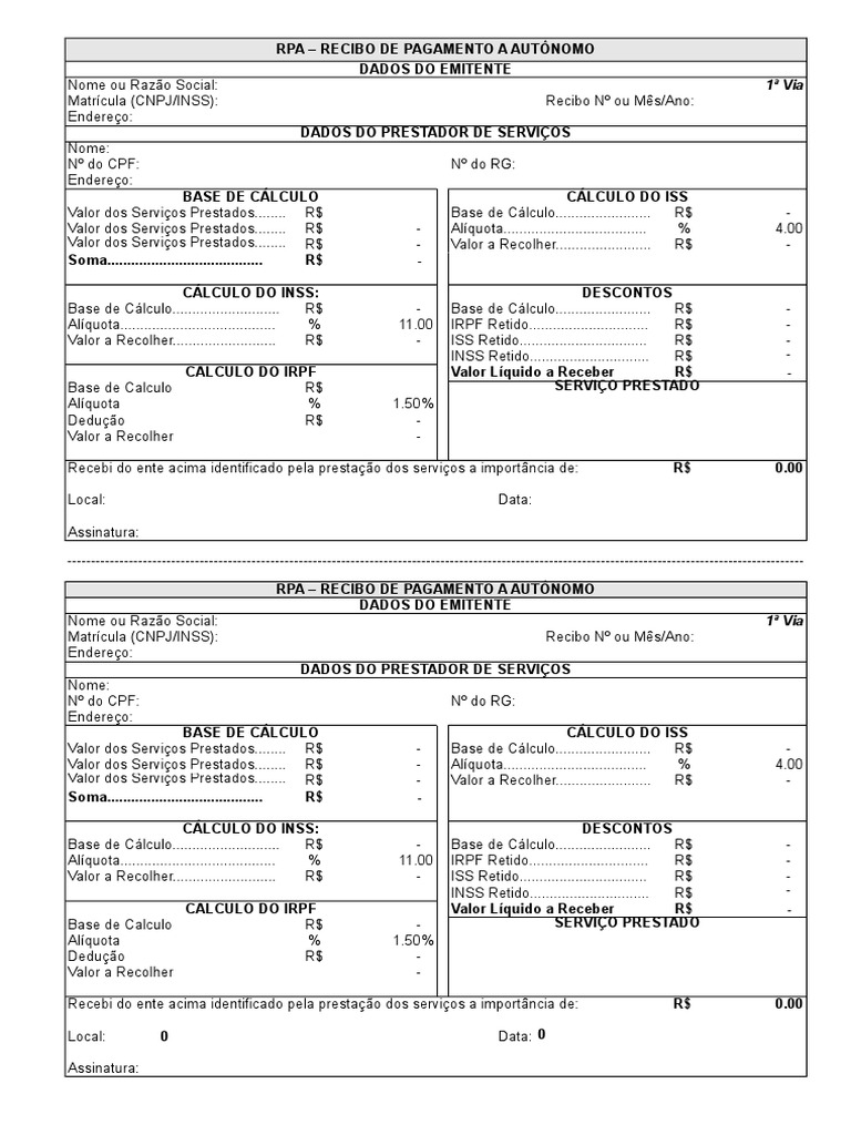 Modelo RPA - Recibo de Pagamento Autônomo | PDF | Pagamentos | Finanças ...