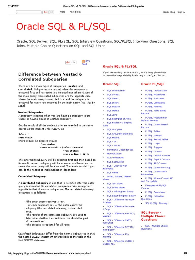 Oracle SQL & PL - SQL - Difference Between Nested & Correlated ... Oracle SQL & PL - SQL - Difference Between Nested & Correlated ...