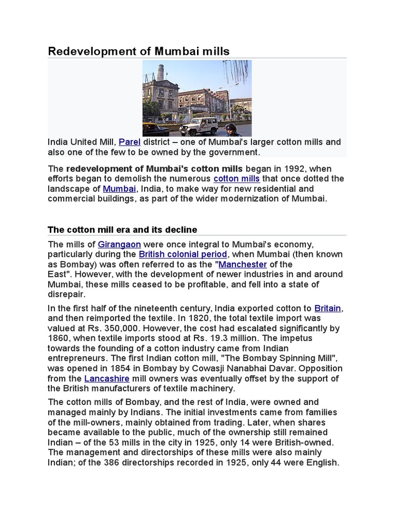 Redevelopment of Mumbai Mills | PDF | Textile Arts | Industries