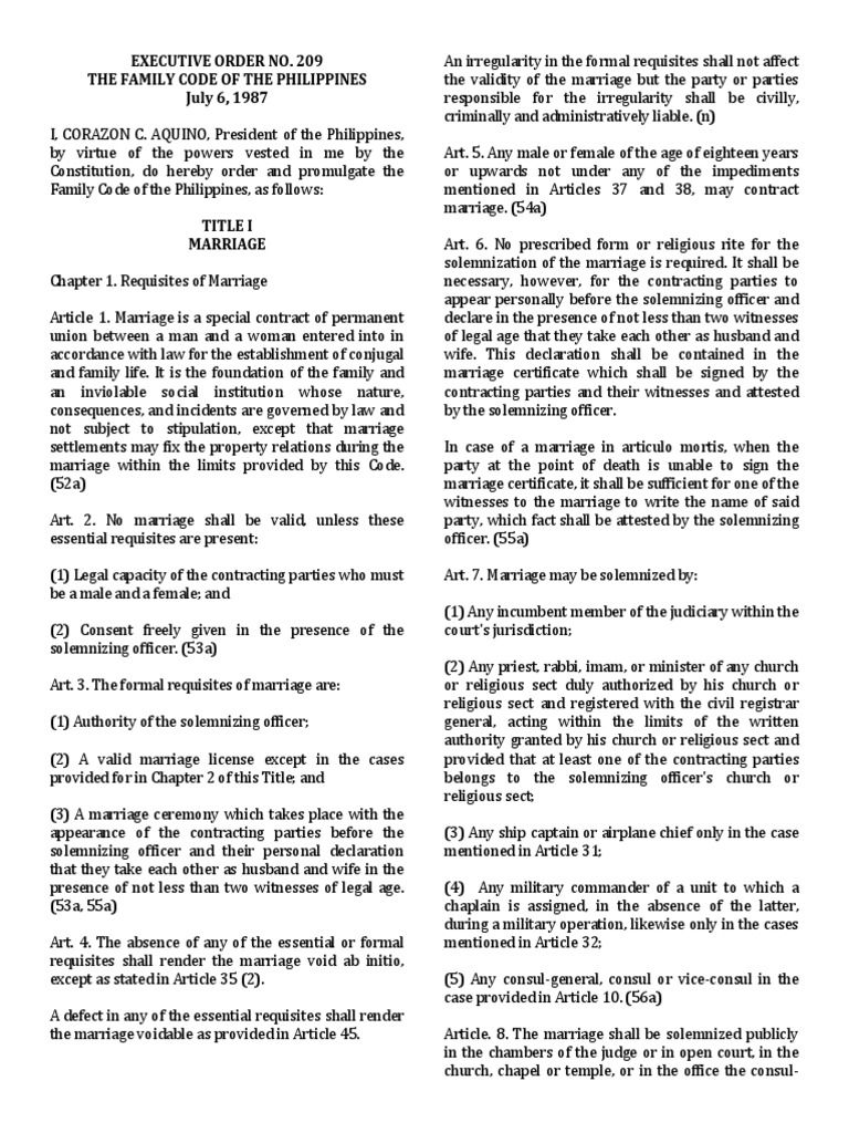 Family Code Executive Order | PDF | Annulment | Marriage License