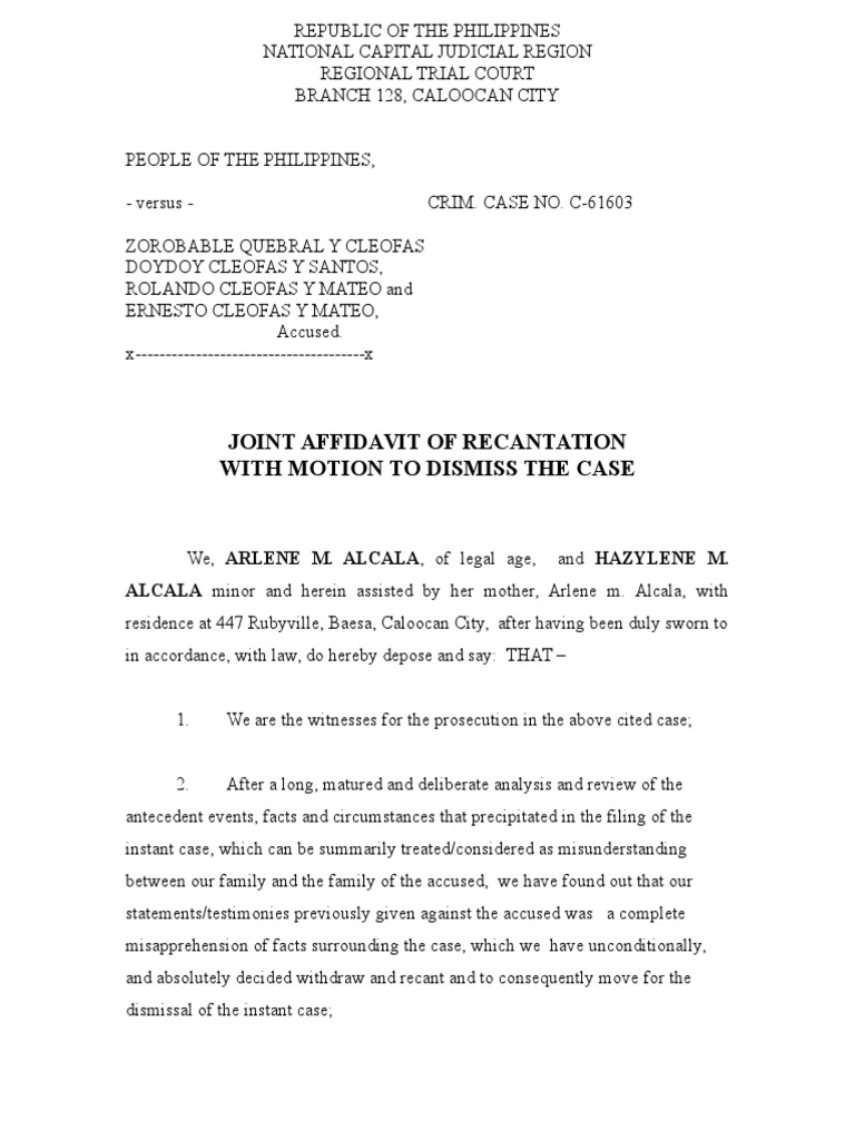 Joint Affidavit of Recantation and Motion to Dismiss Criminal Case Due ...