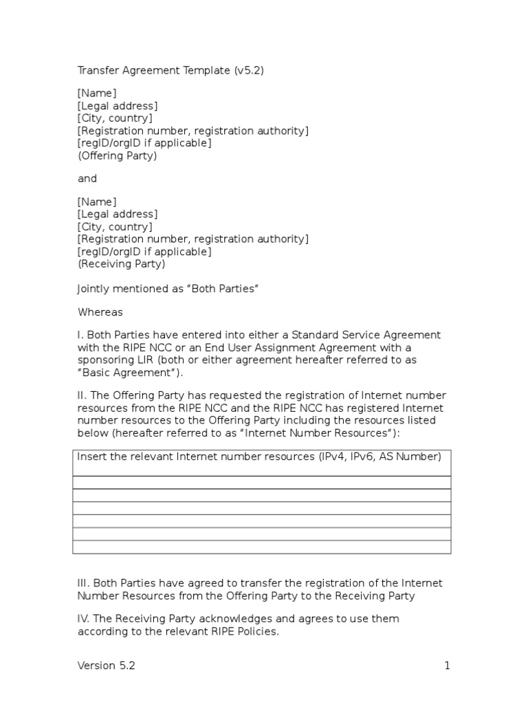 Transfer Agreement Template v5.2 FINAL | PDF | I Pv6 | Internet