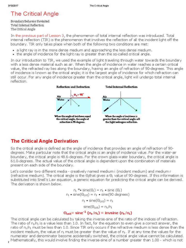The Critical Angle: The Previous Part of Lesson 3 | PDF | Refraction ...