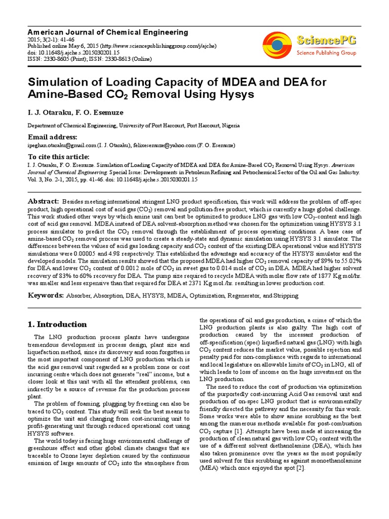 Simulation of Loading Capacity of MDEA and DEA For Amine-Based CO ...