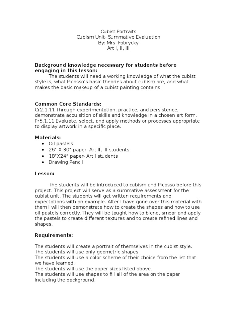 Cubist Portraits Lesson | PDF