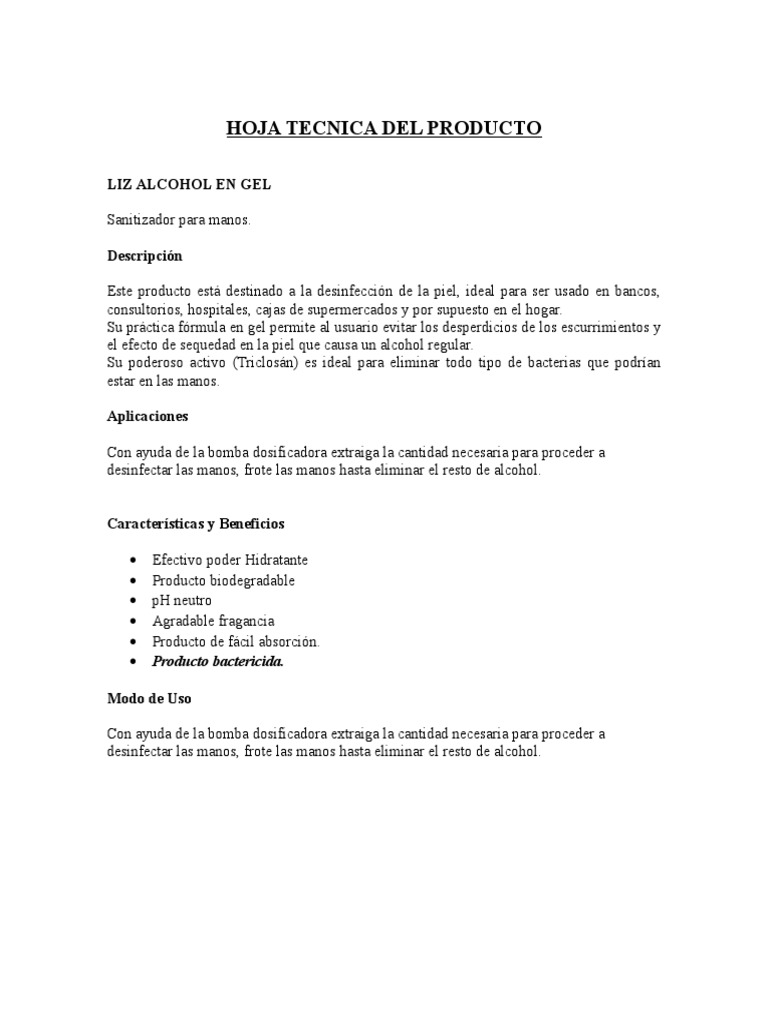 LIZ ALCOHOL en GEL - Hoja Técnica Del Producto | PDF | Agua | Química