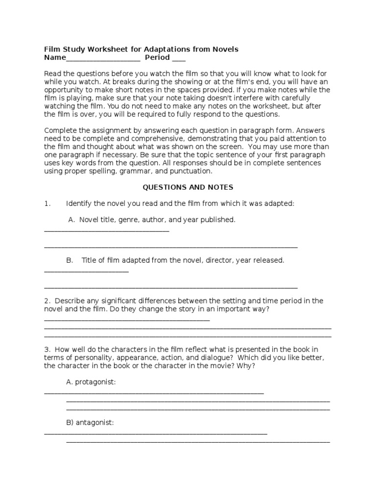 Film Study Worksheet Adaptations | PDF