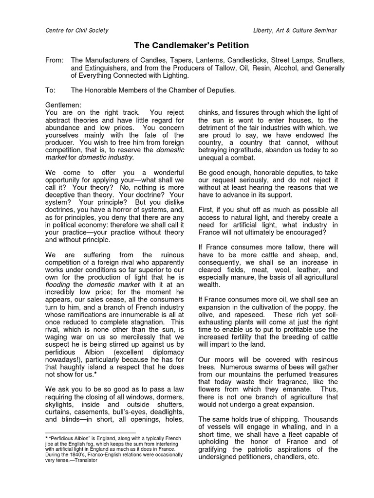 The Candlemaker's Petition, Frédéric Bastiat | PDF | Candle | Labour ...