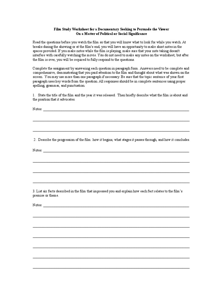 Film Study Worksheet Documentary Persuasive | PDF | Question ...