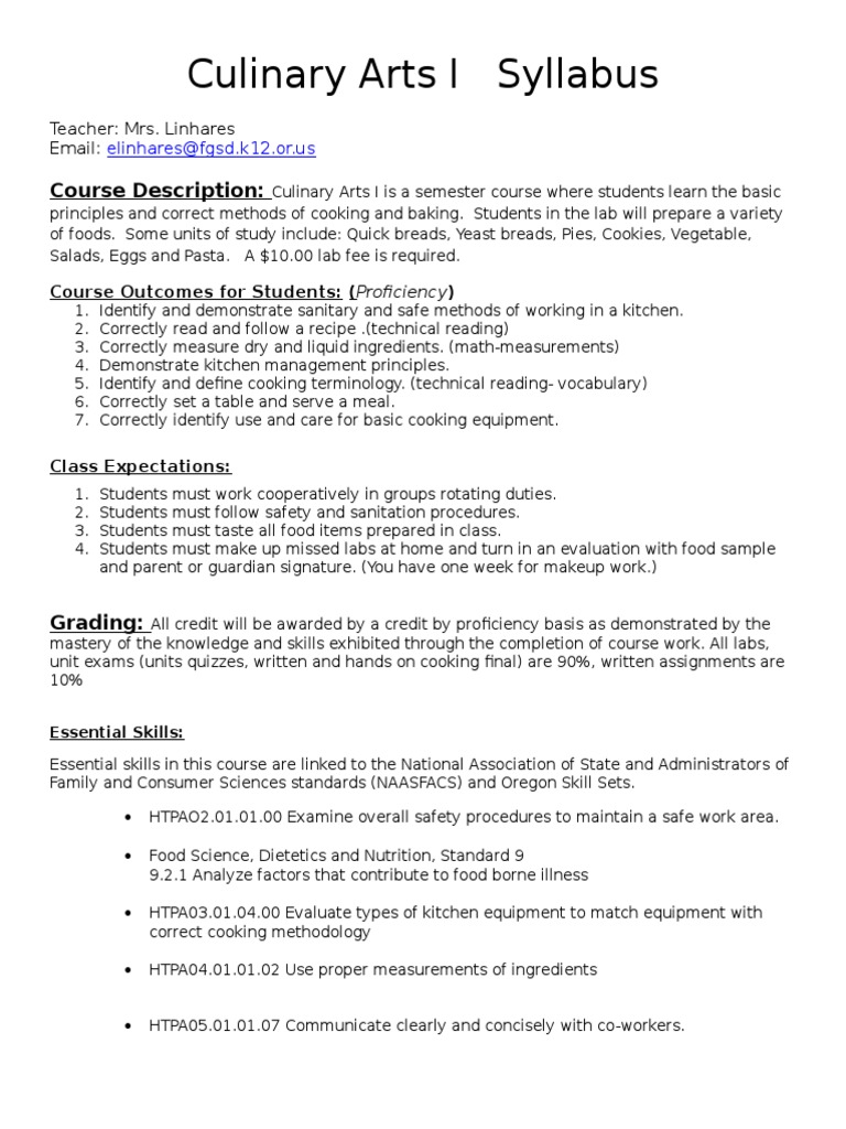 Culinary Arts I Syllabus Revised 2011-12 Update | PDF | Cooking | Breads