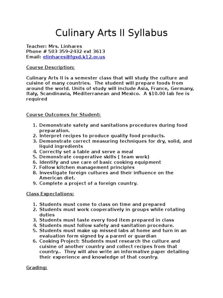 Culinary Arts II Syllabus | PDF