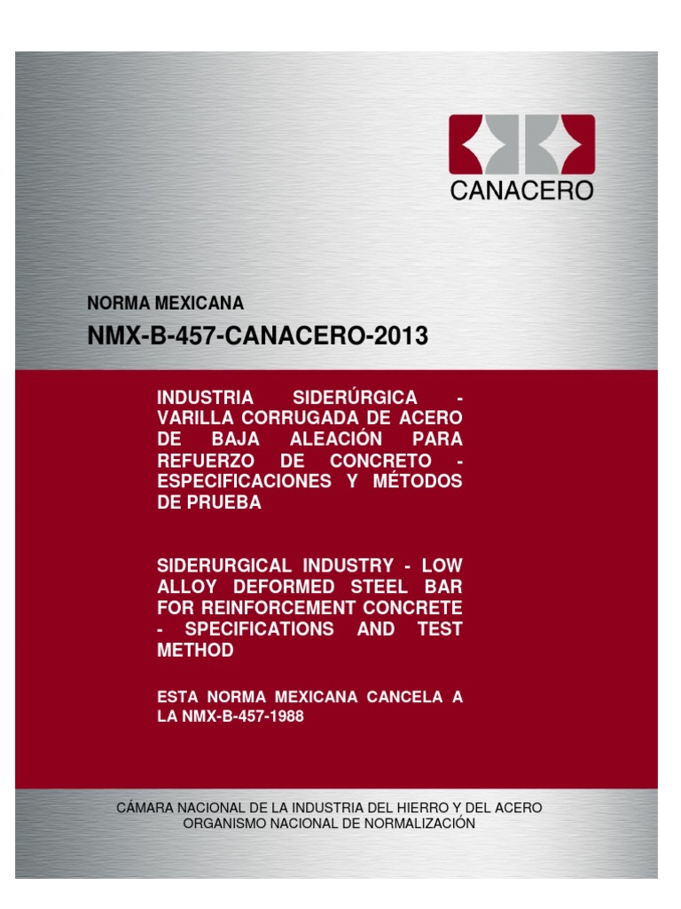 Especificaciones de Varilla Corrugada NMX-B-457 | PDF | Acero | Rendimiento (ingeniería)