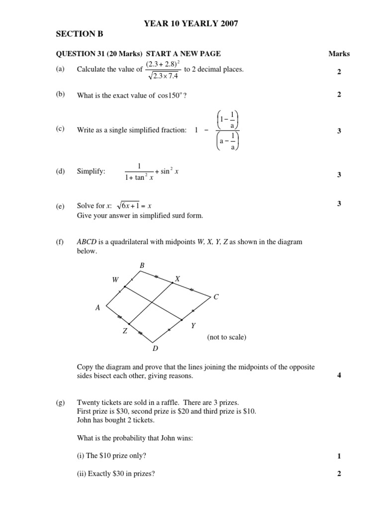James Ruse 2007 Year 10 Maths Yearly & Solutions | PDF | Mathematical Analysis | Elementary ...