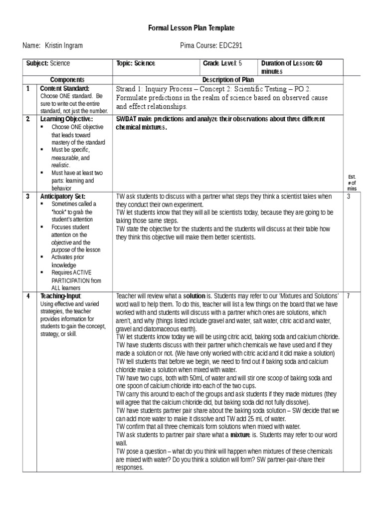 Edc291 M2a2 Formal Lesson Observation | PDF | Sodium Carbonate | Lesson ...