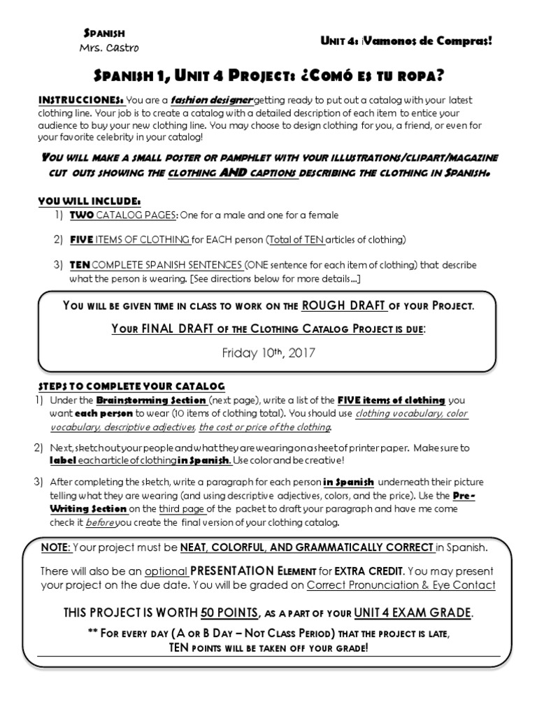 Spanish1 U4l1 Clothing Project Mrs Castro | PDF | Clothing | Linguistics