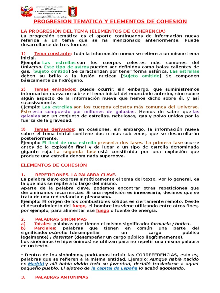 Progresión Temática y Elementos de Cohesión | PDF | Pronombre | Estrellas