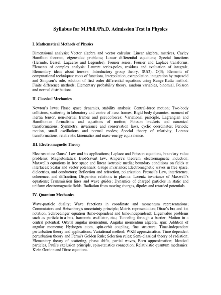 Syllabus For PHD & M. Phil (Physics) at AMU | PDF | Quantum Mechanics ...