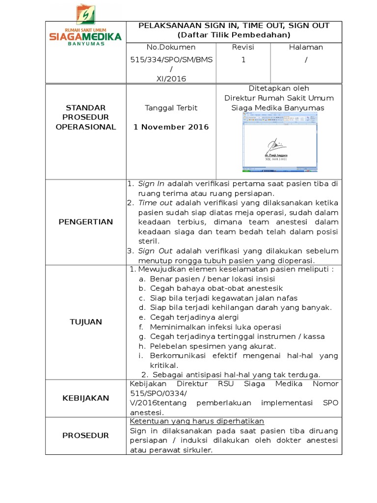 SPO Pelaksanaan Sign In, Time Out, Sign Out (Daftar Tilik PEmbedahjan ...