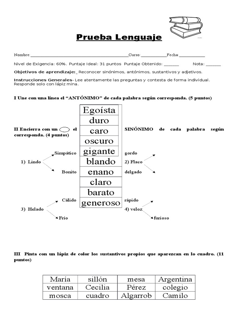 Prueba Sinónimos, Antónimos, Adjetivos y Sustantivos | PDF