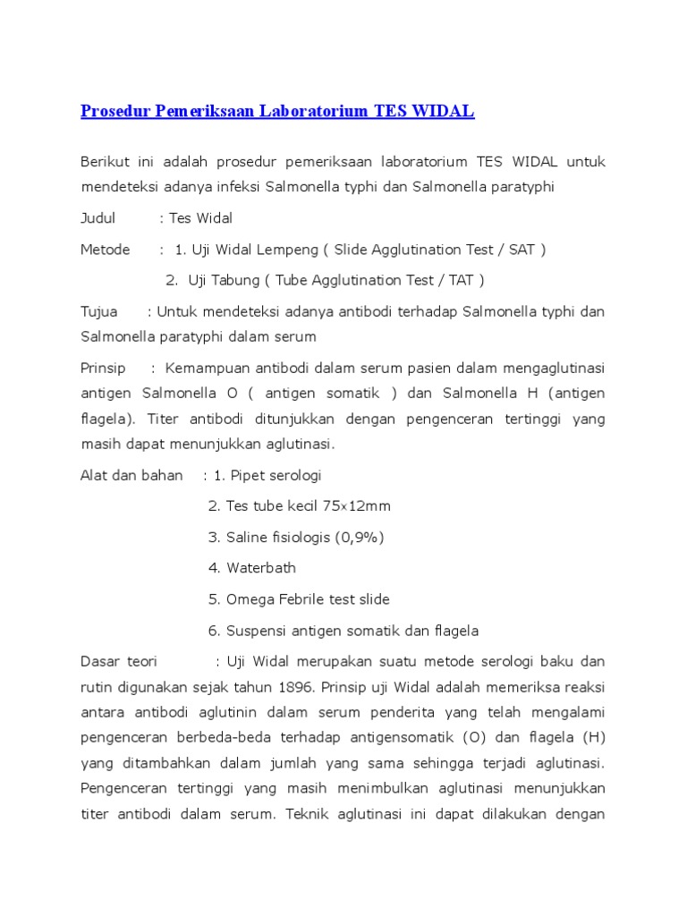 Prosedur Tes Widal untuk Deteksi Salmonella | PDF | Pengembangan Diri ...