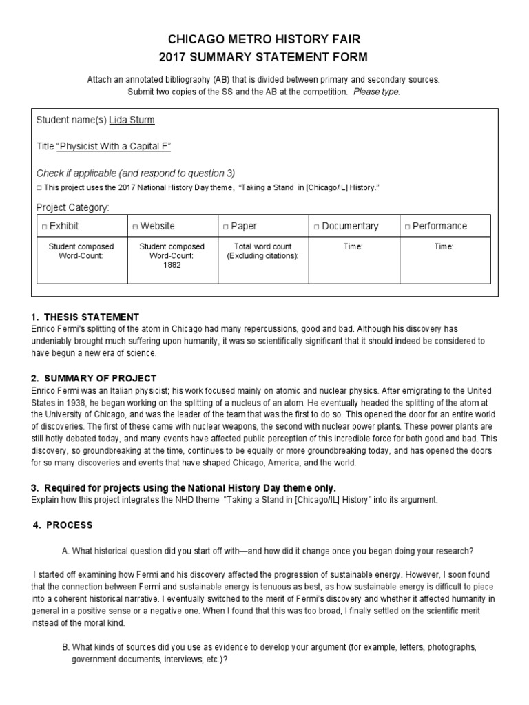Chicago Metro History Fair 2017 Summary Statement Form: Student Name(s ...