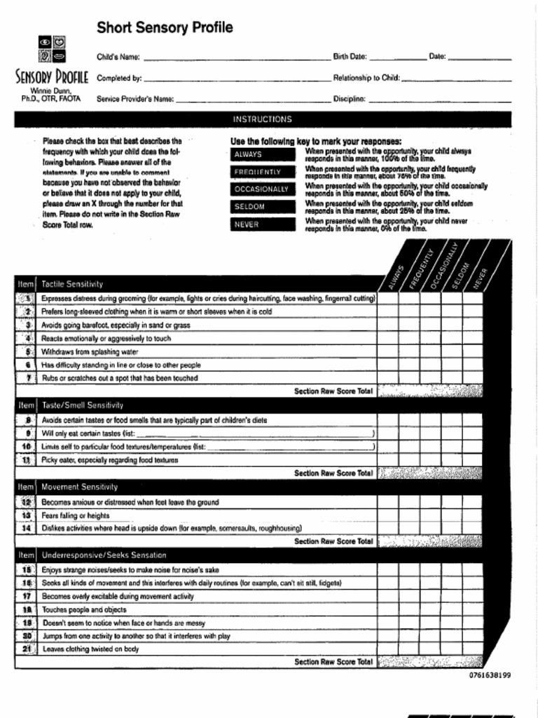 Sensory Profile Summary Score Sheet