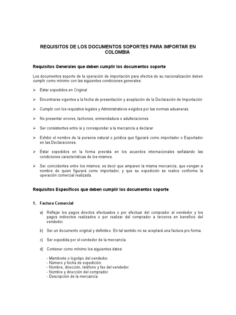 Requisitos Documentos Soportes para Importar A Colombia | PDF | aduana ...