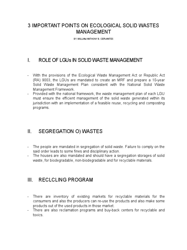 3 Important Points On Ecological Solid Wastes Managementbywilliamc | PDF