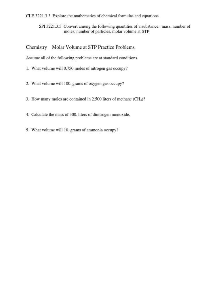 Chemistry Molar Volume at STP Practice Problems | PDF