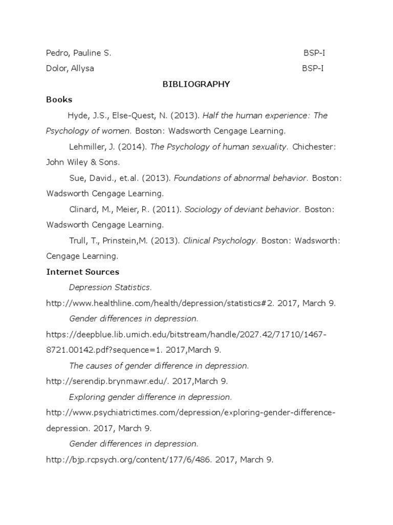 Bibliography Books: Psychology of Women. Boston: Wadsworth Cengage ...