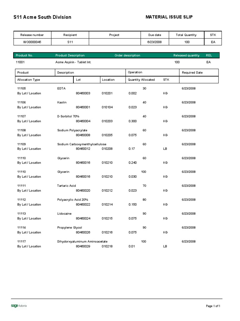 Sage X3 - Reports Examples 2008 - BSM (Material Issue Slip) PDF | PDF