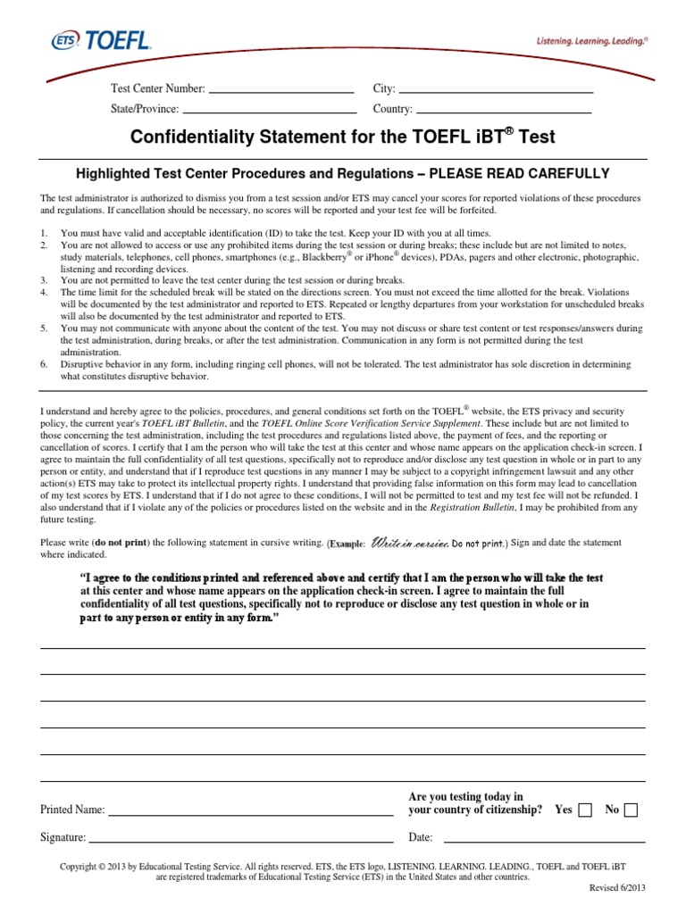 TOEFL Confidentiality Statement (STN) | PDF | Test Of English As A ...